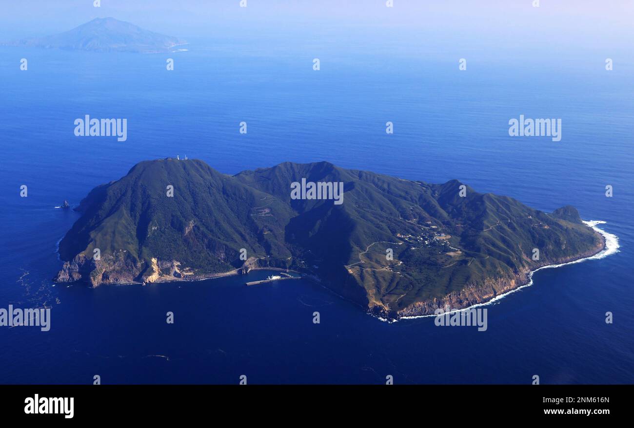 An aerial photo shows Akusekijima which is one of the Tokara Islands in ...