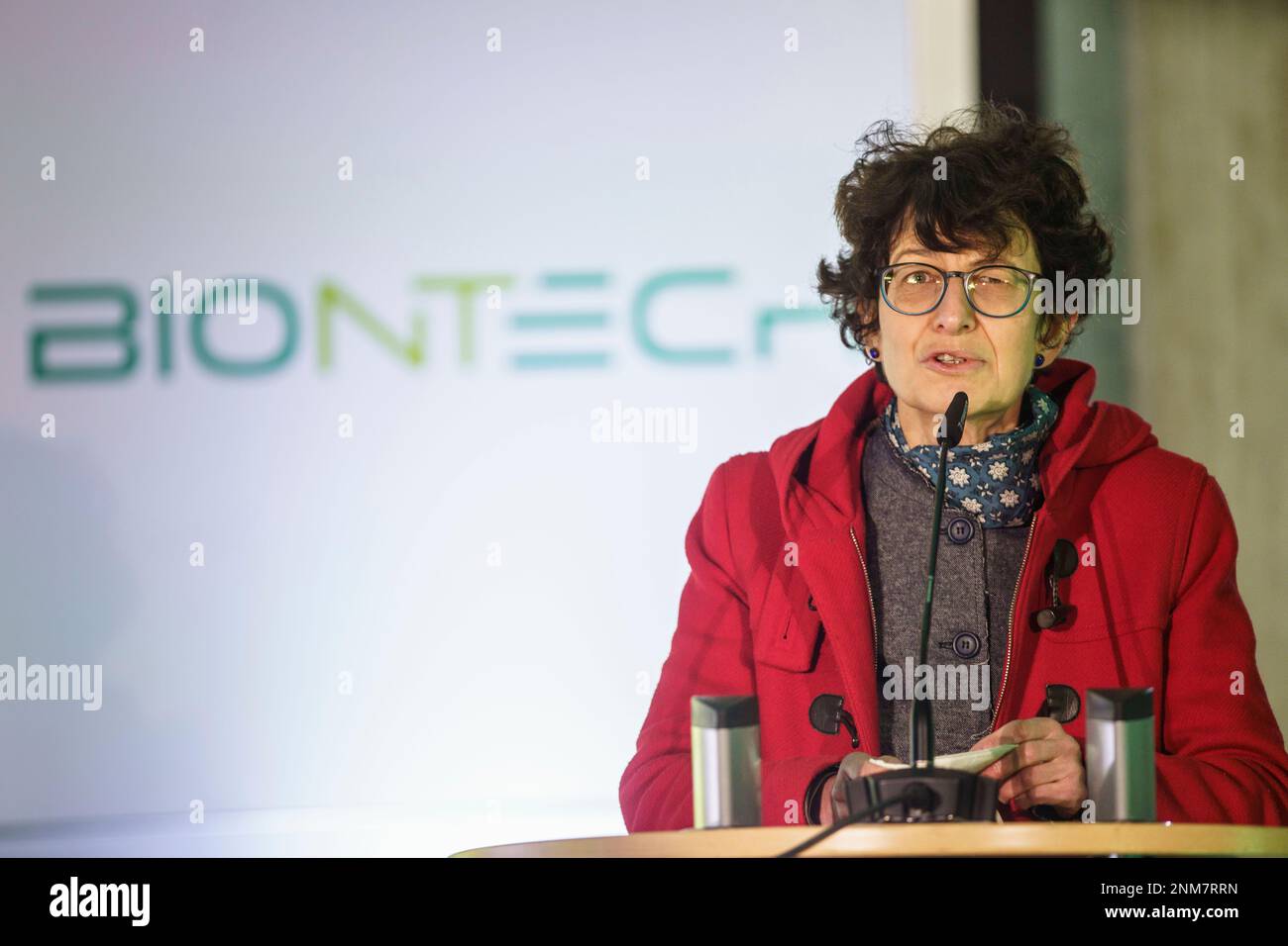 Biontech company founder Ozlem Tureci talks at the topping-out ceremony ...