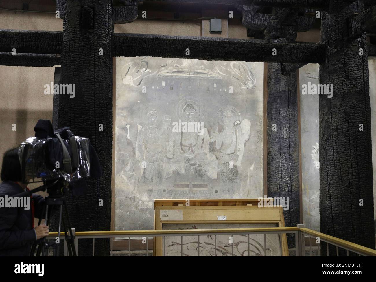 The mural painting at Kondo (main hall) of Horyuji Temple is opened to ...