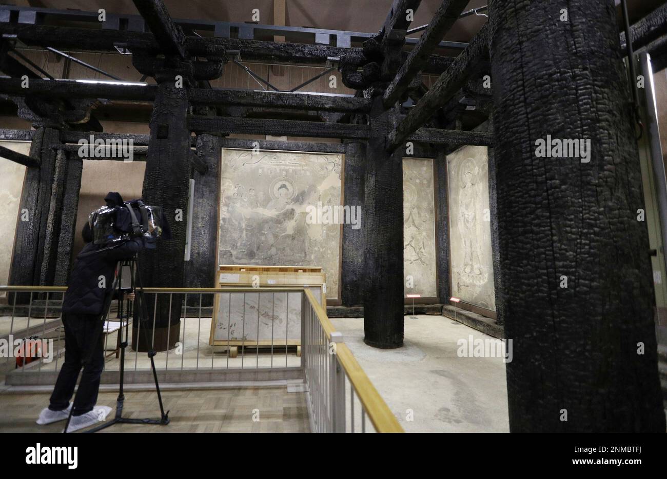 The mural painting at Kondo (main hall) of Horyuji Temple is opened to ...