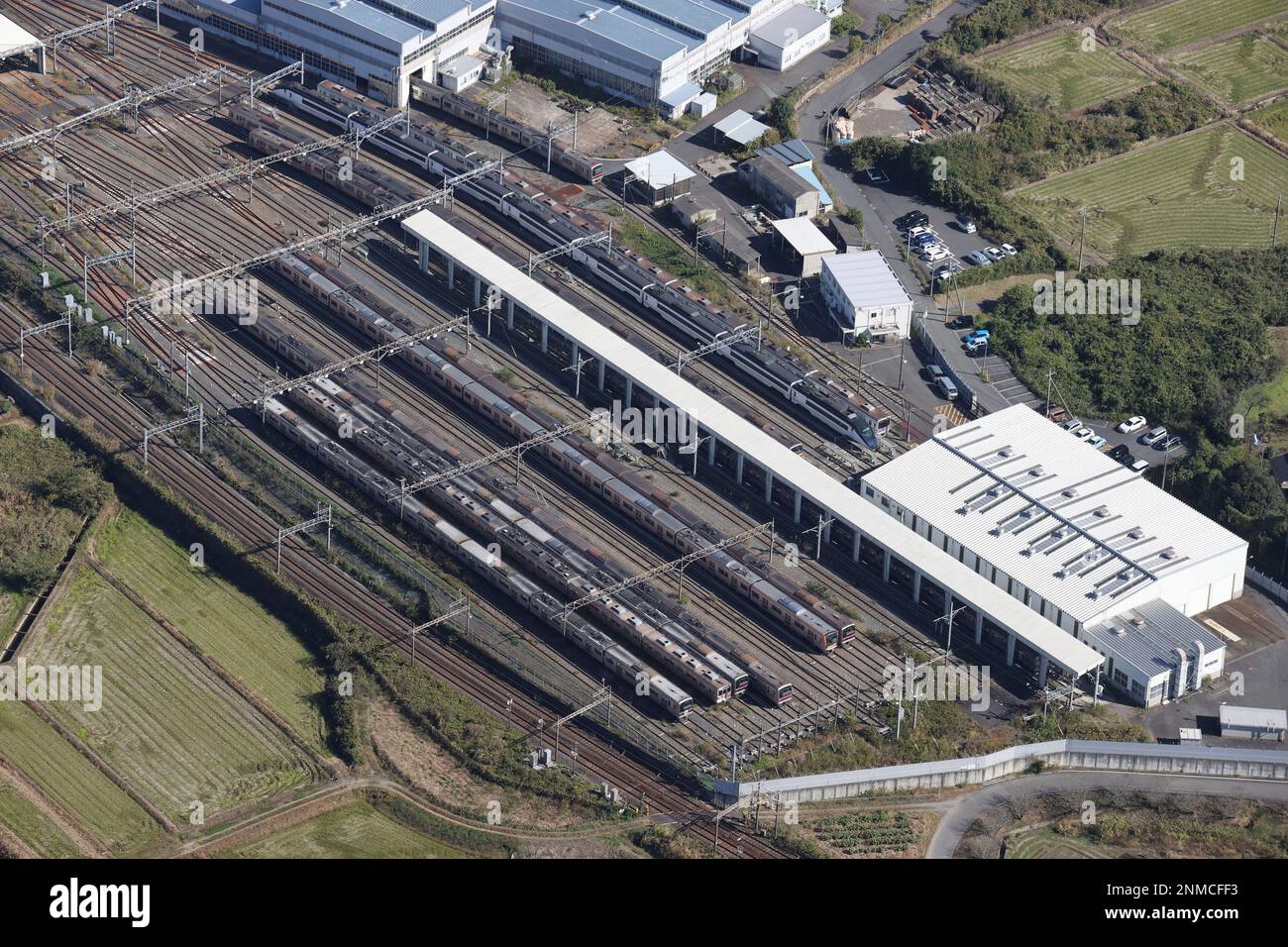 An aerial photo shows Sogo rail yard of Keisei Electric Railway Co ...