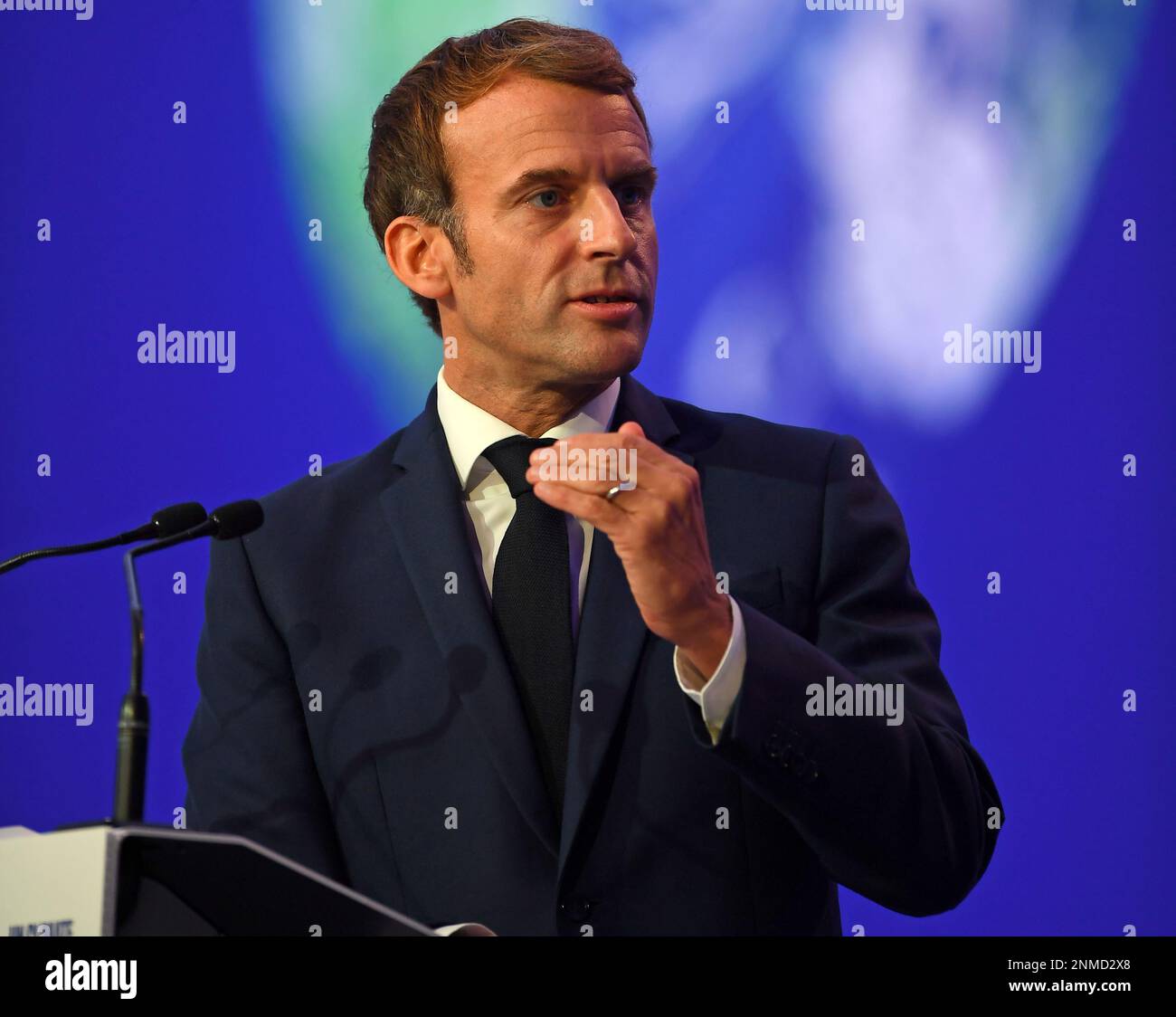 French President Emmanuel Macron speaks during the opening ceremony of ...