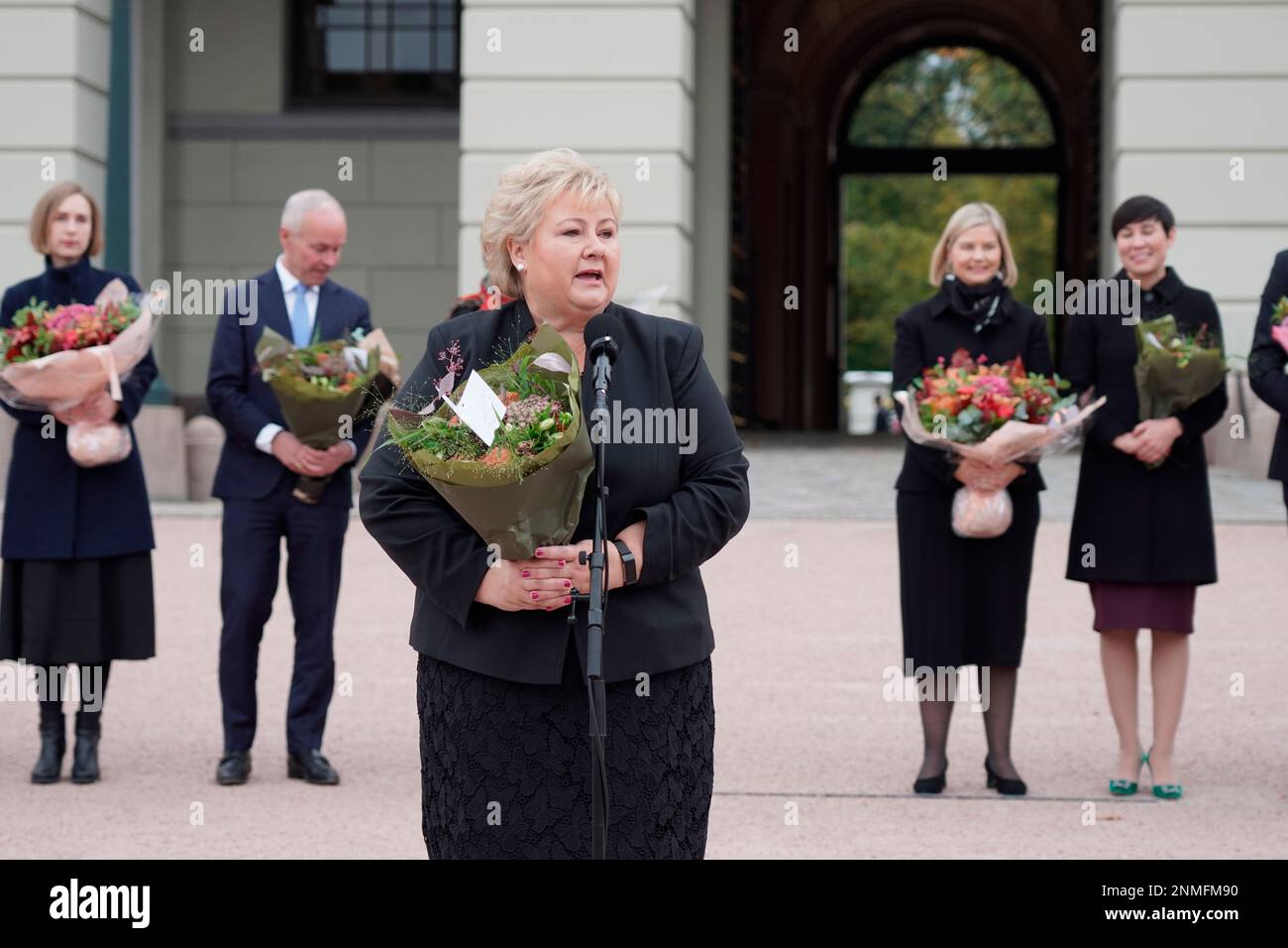 Norway's Prime Minister Erna Solberg with her outgoing government ...