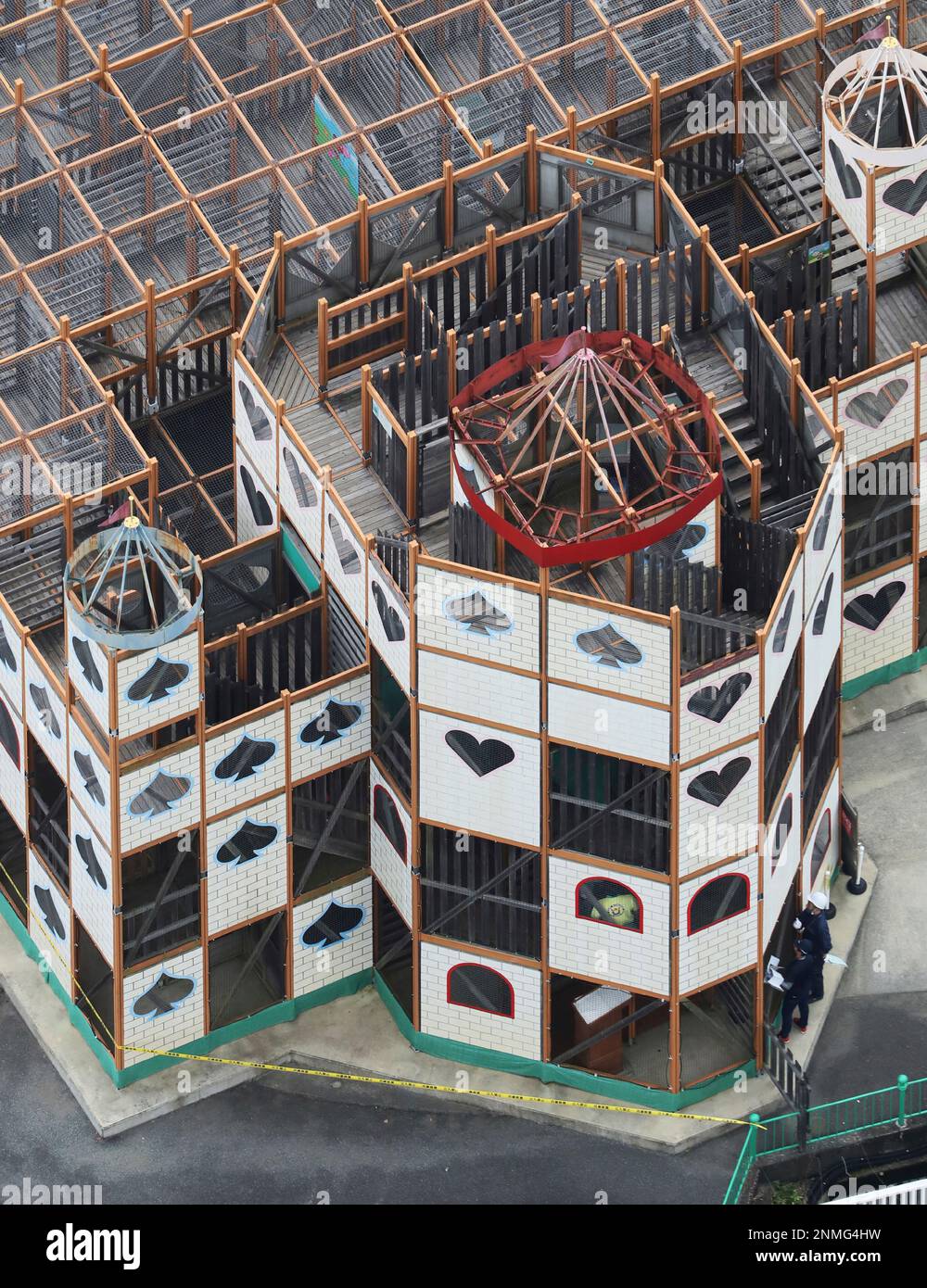 An aerial photo shows three-dimensional maze facility "Karakuri Meikyu ...