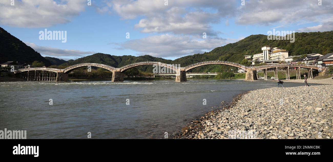 A picture shows the Kintaikyo Bridge, one of the most famous wooden ...