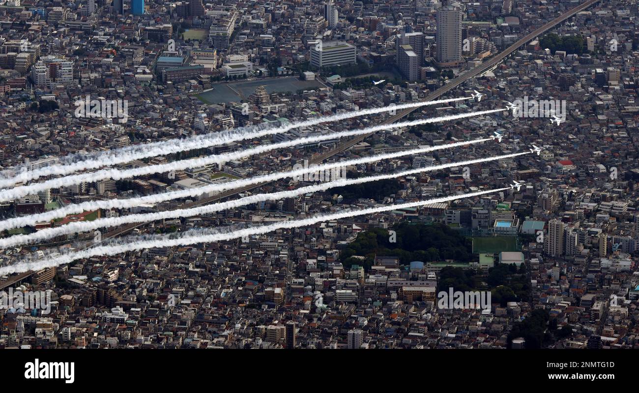 An aerial view shows Blue Impulse aerobatic team of the Japanese Air ...