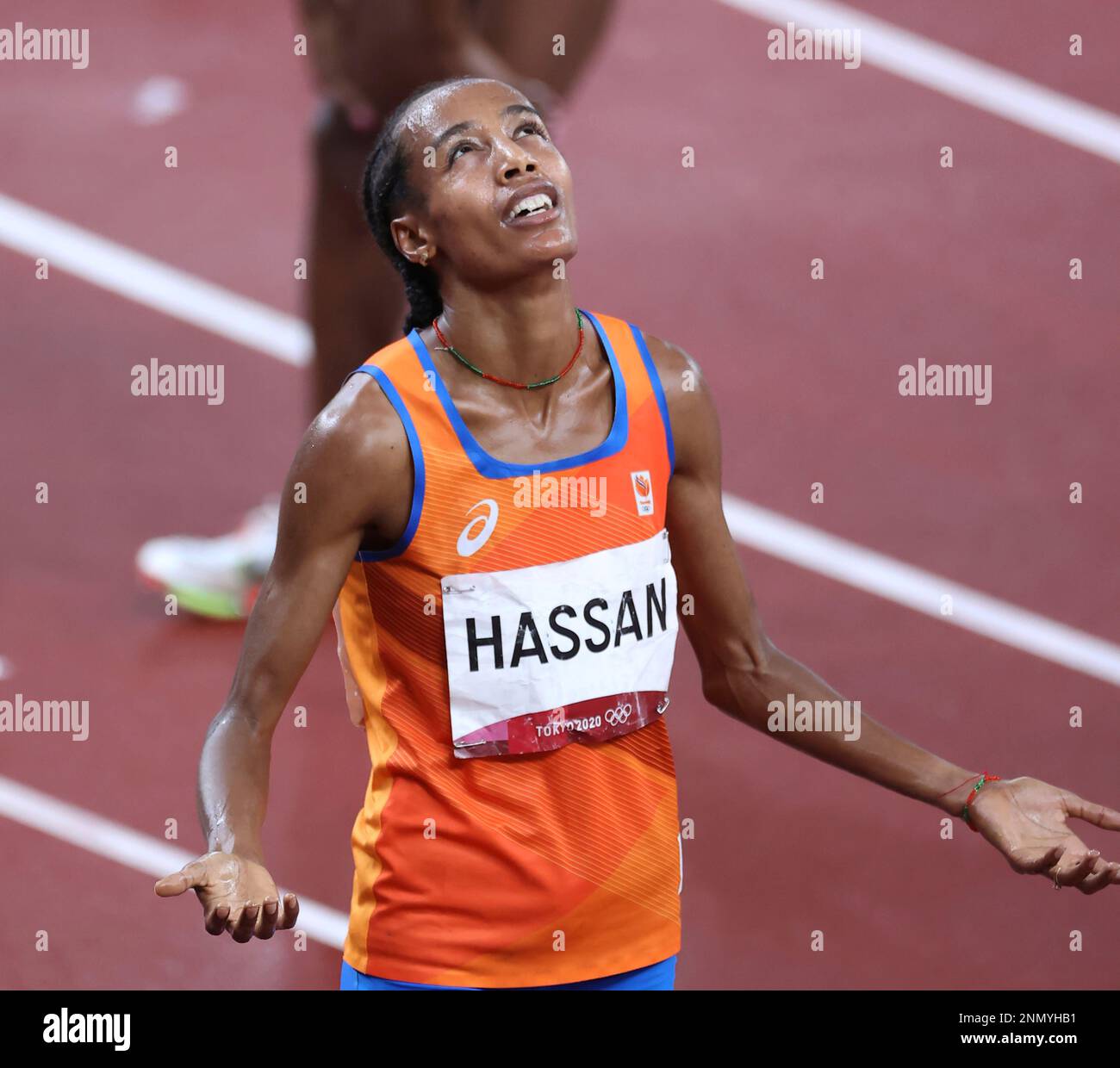 HASSAN Sifan of Netherlands reacts after winning Athletics women's ...