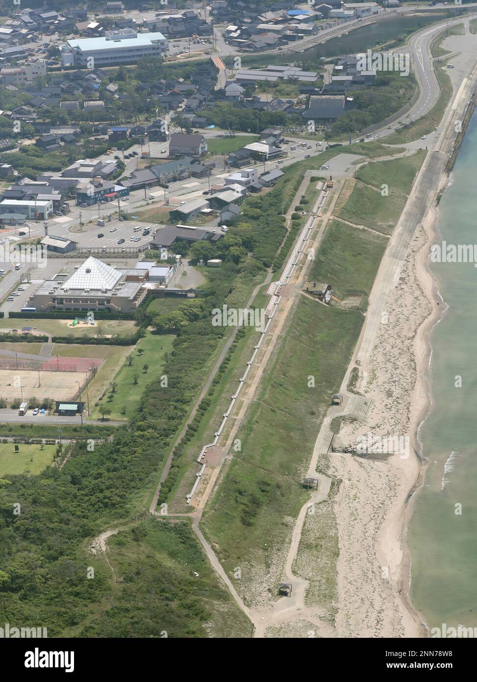 An aerial photo shows the 460.9-meter-long bench at Masuhogaura Beach ...