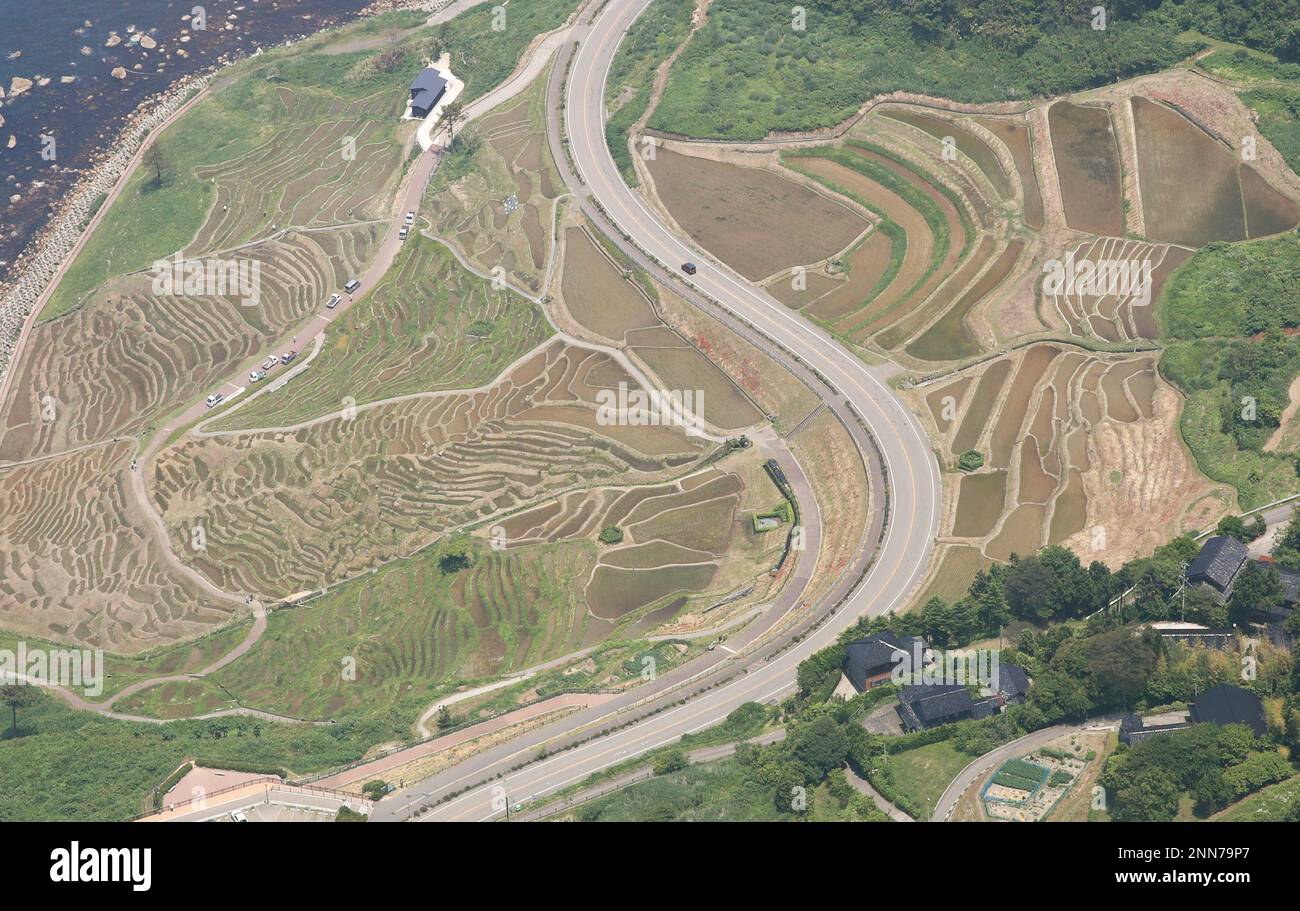An aerial photo shows Shiroyone Senmaida in Wajima, Ishikawa Prefecture ...