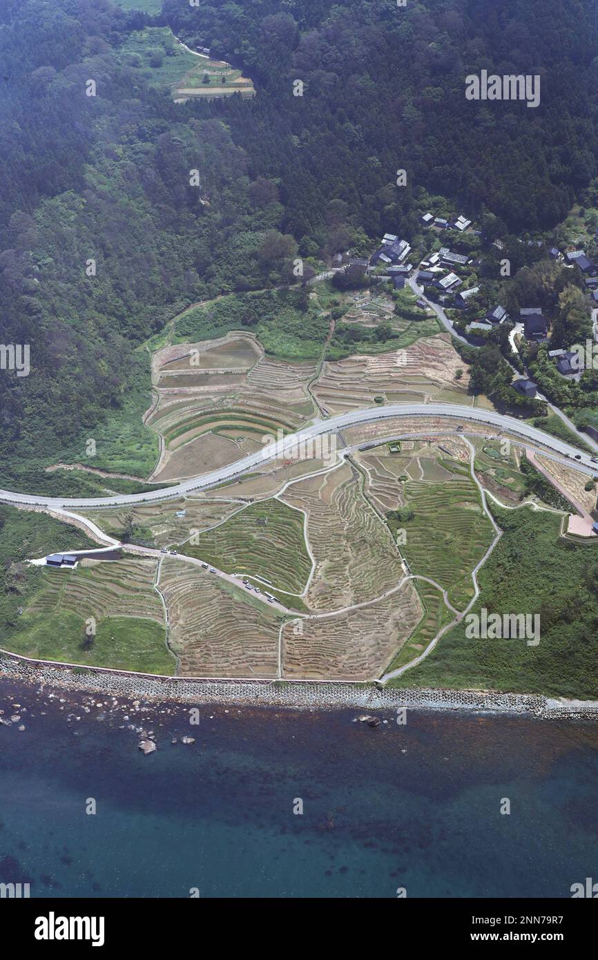 An aerial photo shows Shiroyone Senmaida in Wajima, Ishikawa Prefecture ...