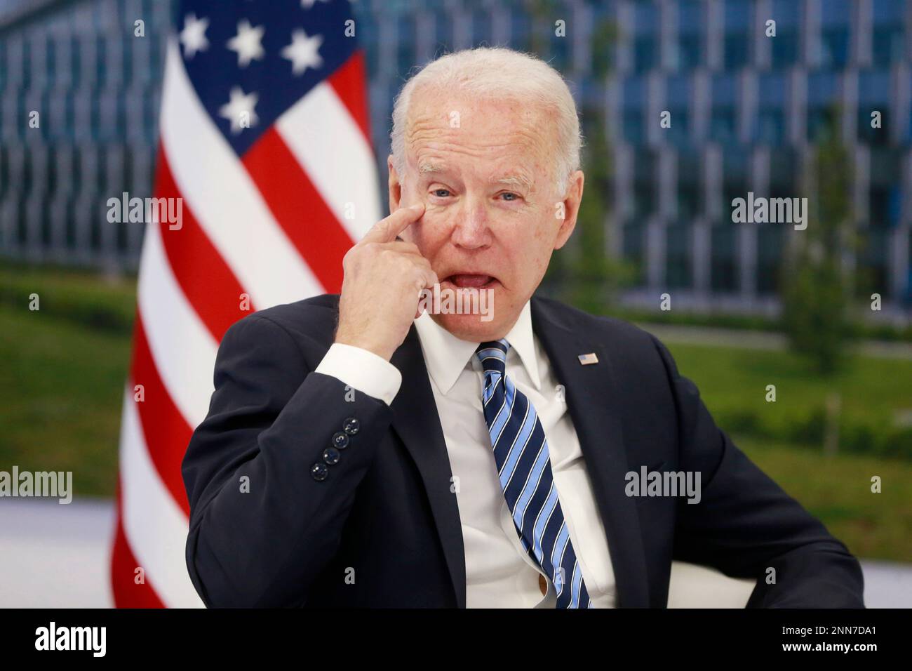 U.S. President Joe Biden speaks during a bilateral meeting with NATO ...