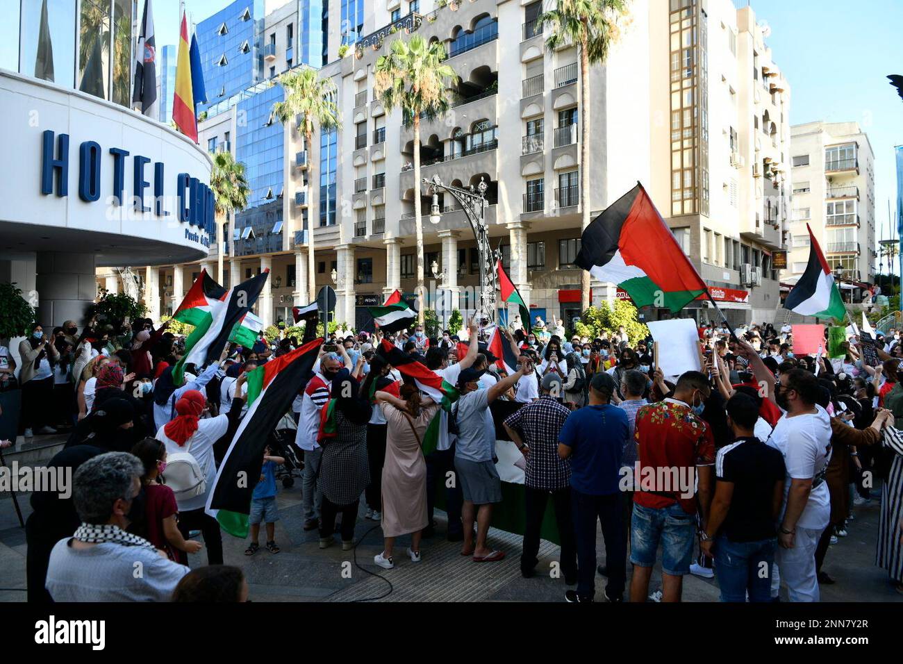 Several Palestinians with Palestinian flags, during a rally in support ...