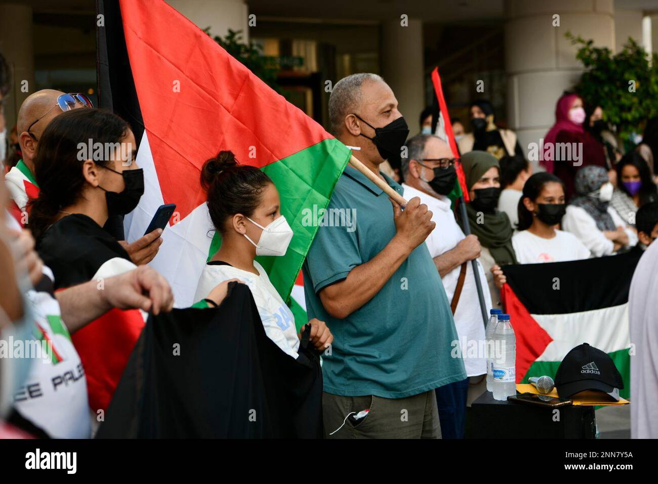 Several Palestinians with Palestinian flags, during a rally in support ...
