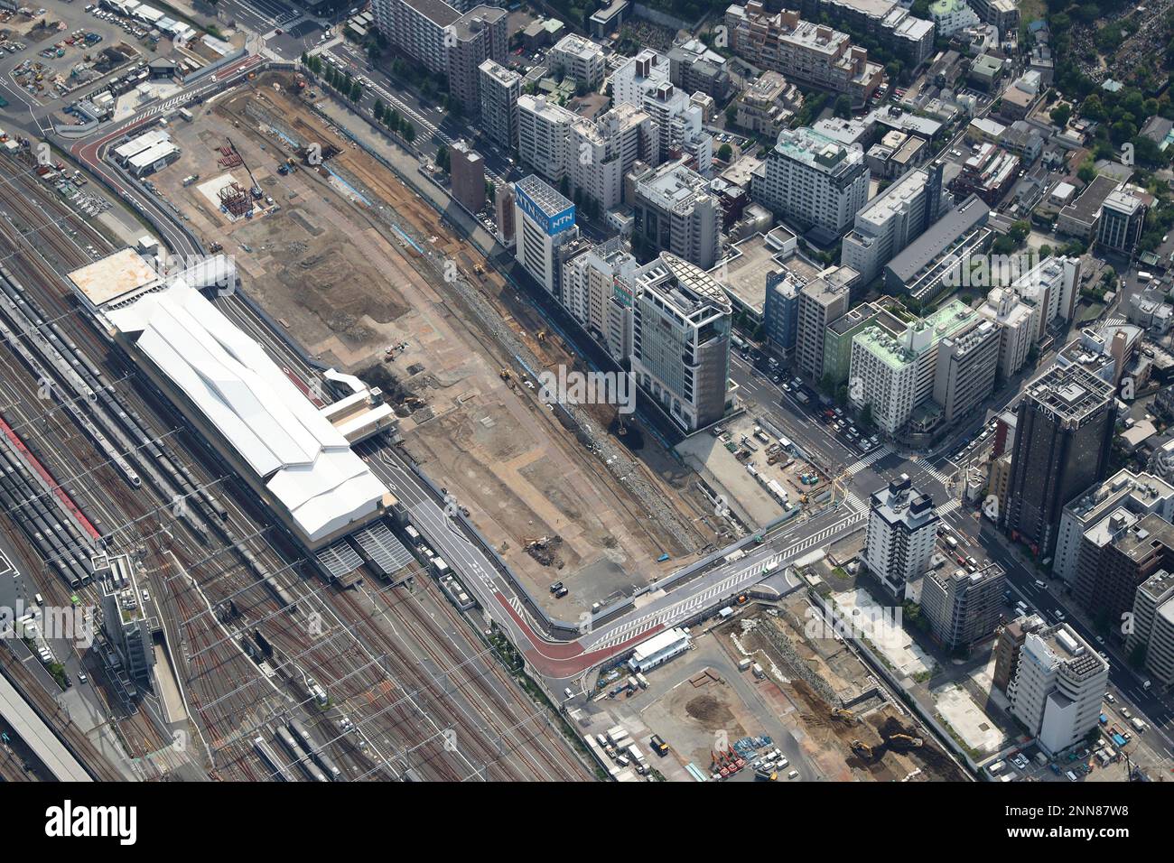 An aerial photo shows Takanawa Chikutei, the remains of Japan's first ...