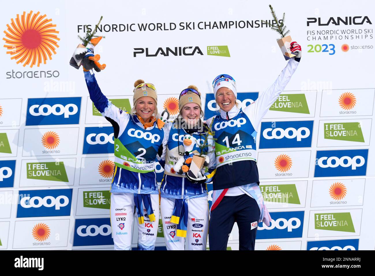 Winner Ebba Andersson of Sweden, center, second placed Frida Karlsson ...
