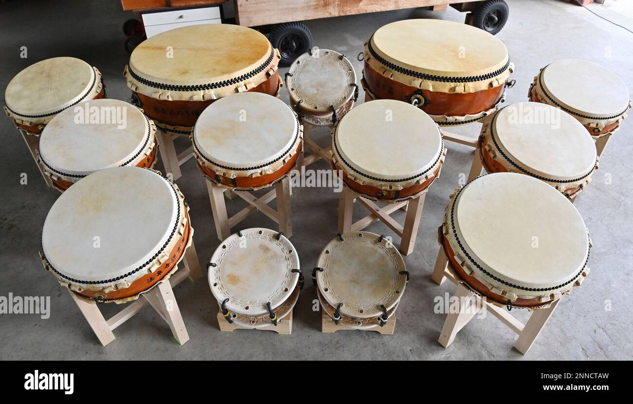 Many sizes of Japanese taiko, drums are lined at Hotta Shingoro Shoten ...