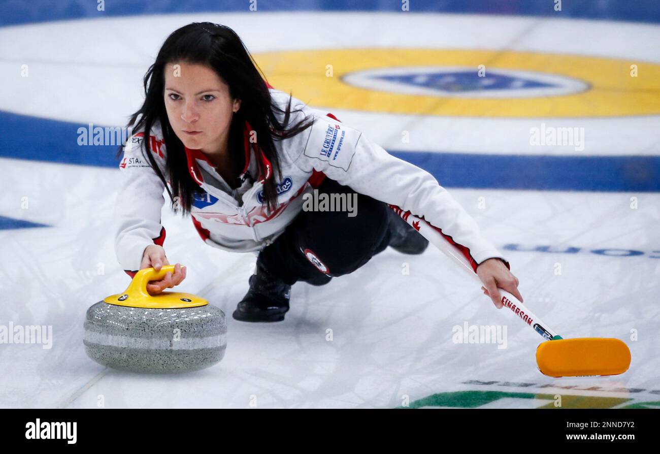 Team Canada skip Kerri Einarson makes a shot against China at the Women ...