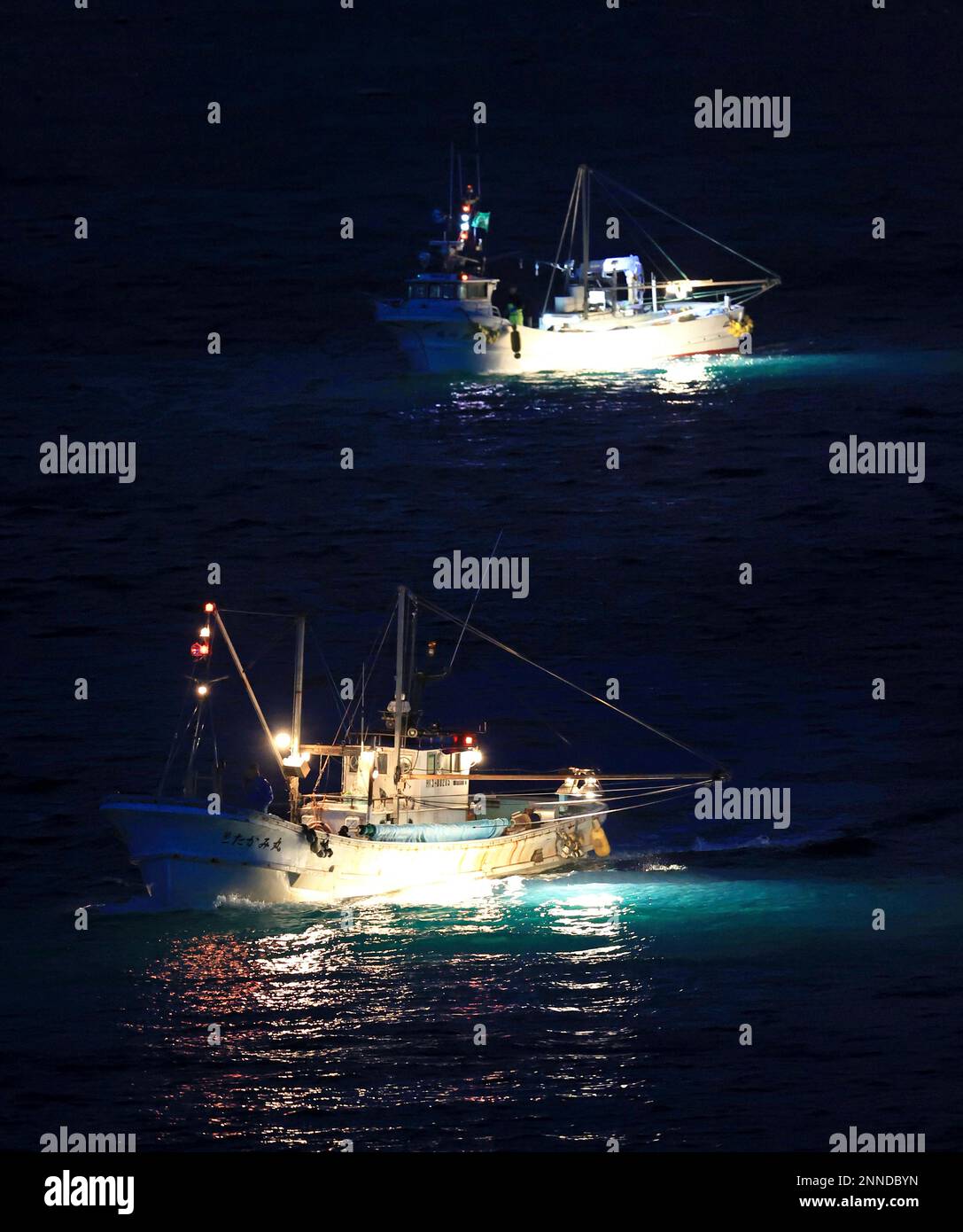 Young Japanese sand lance fishing boats are seen in the middle of the ...