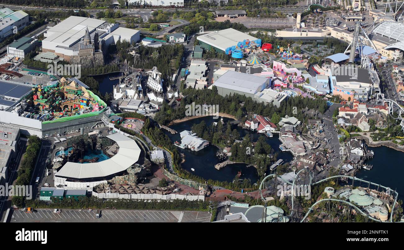 An aerial photo shows USJ (Universal Studios Japan) in Osaka City ...
