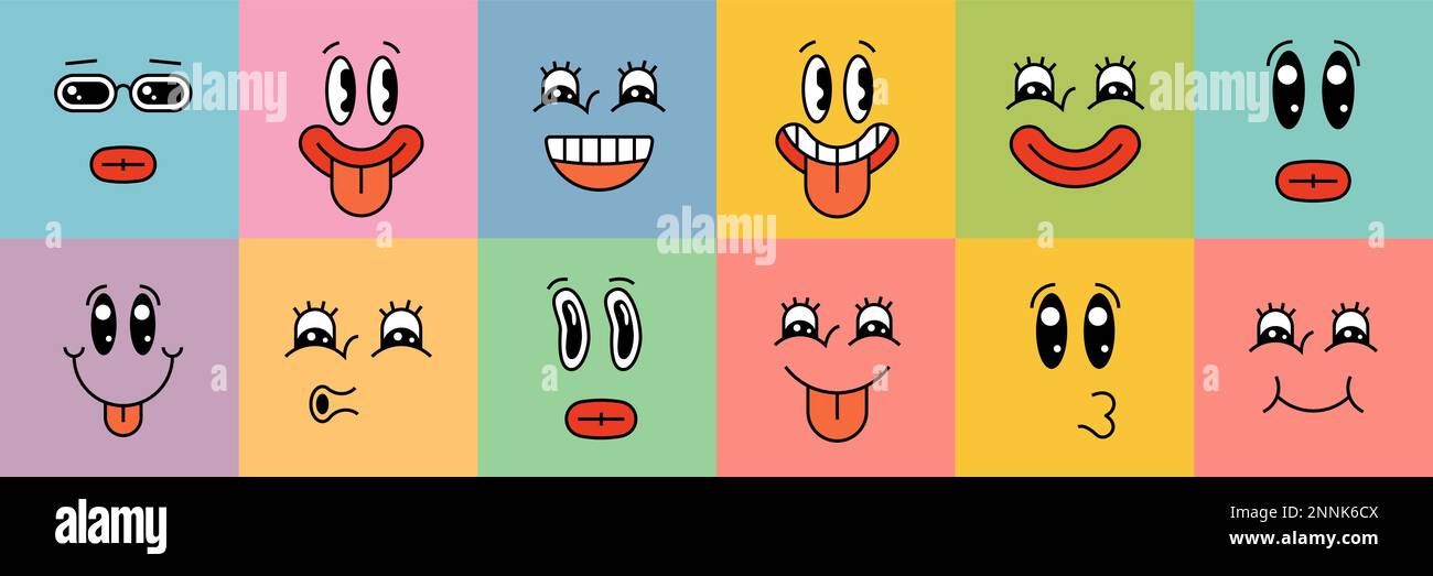 Smiley-Gesichter im Cartoon-Stil auf quadratischen, farbenfrohen ...