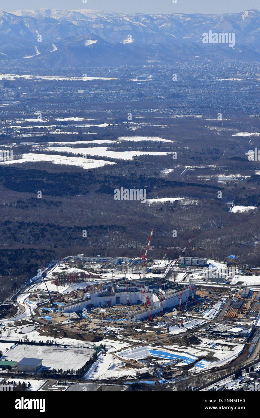 An aerial photo shows ES CON Field Hokkaido (New Hokkaido Baseball Stadium / Hokkaido ballpark ...