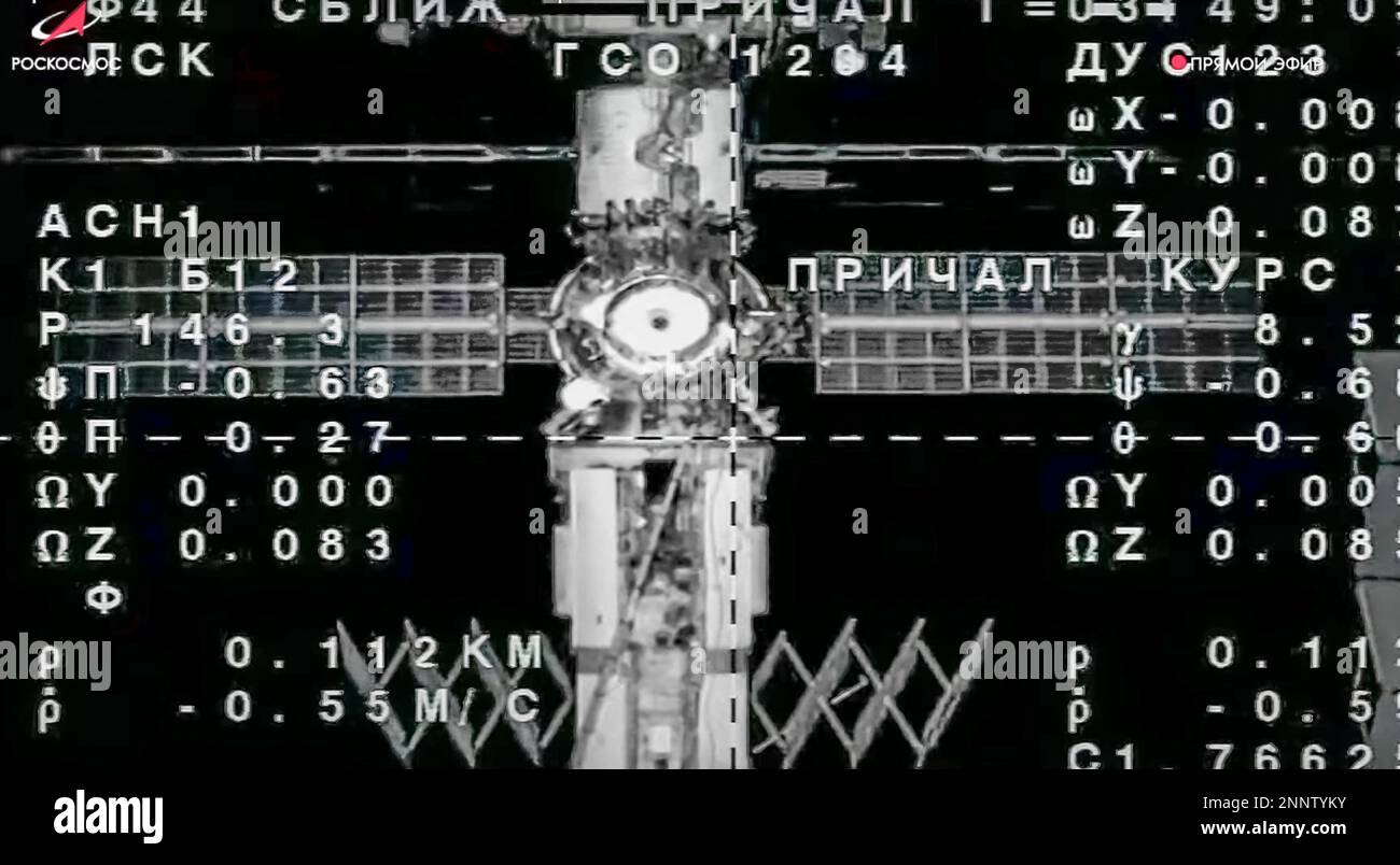 In this handout photo released by Roscosmos State Space Corporation, the new, empty Soyuz MS-23 ...
