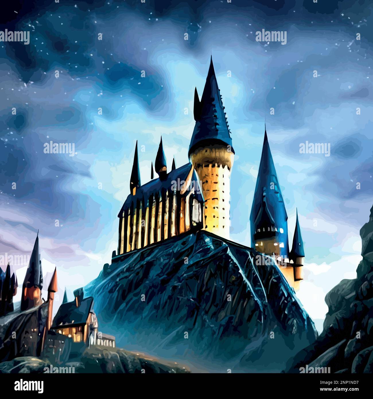 Cartoon-Schloss auf einem Hügel bei Regen. Die Landschaft eines ...