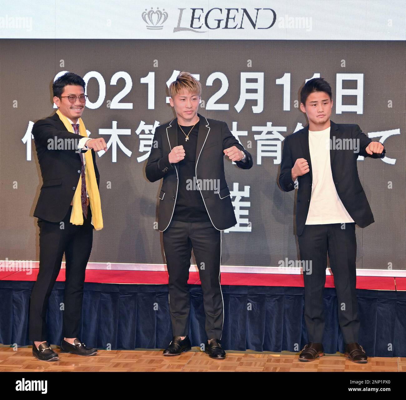 (L-R) Sho Kimura, Naoya Inoue, Hiroto Kyoguchi attend a press ...