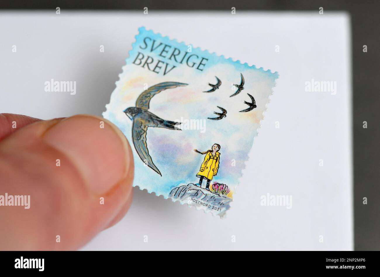 Swedish environmental activist Greta Thunberg is depicted on a postage ...