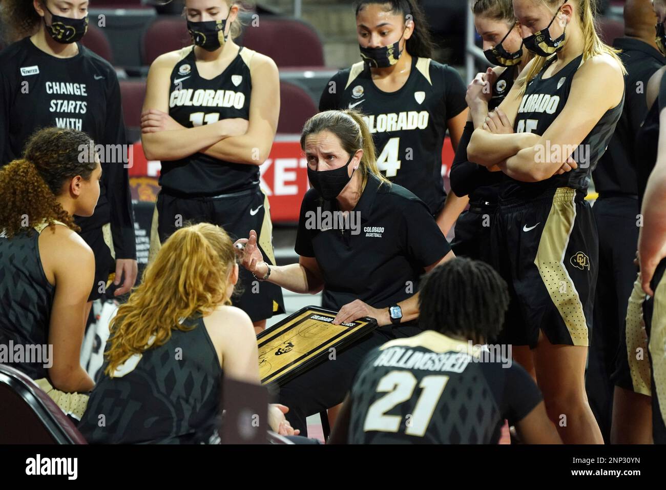 Colorado Buffaloes head coach JR Payne aka Ali-Marie Payne wears a face ...