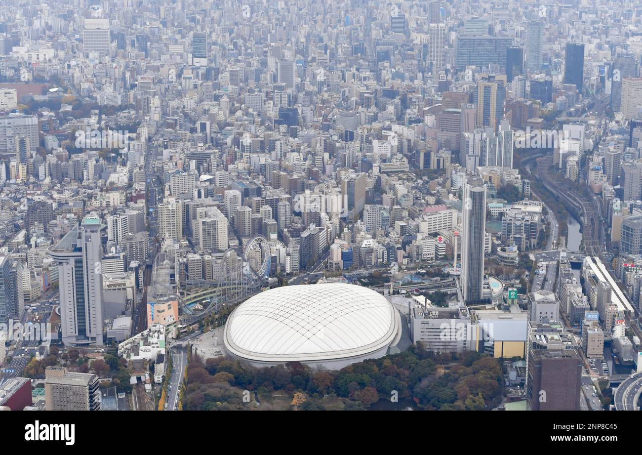 An aerial photo shows Tokyo Dome in Bunkyo Ward, Tokyo on November 27 ...
