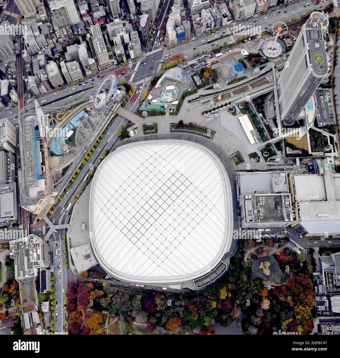 An aerial photo shows Tokyo Dome in Bunkyo Ward, Tokyo on November 27 ...