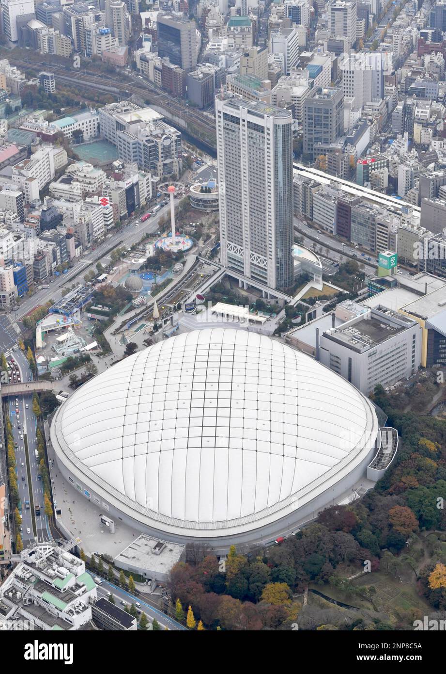 An aerial photo shows Tokyo Dome in Bunkyo Ward, Tokyo on November 27 ...