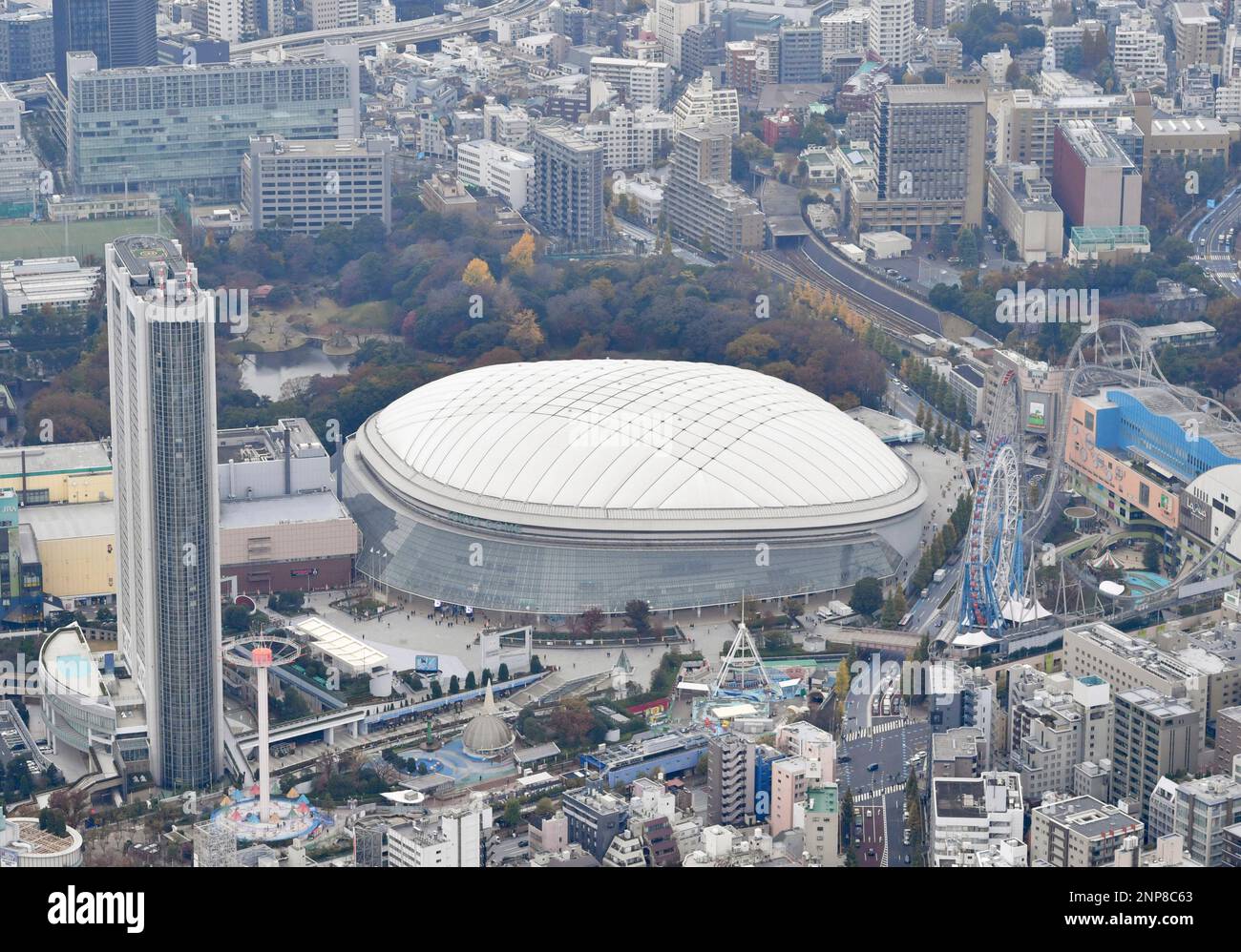 An aerial photo shows Tokyo Dome in Bunkyo Ward, Tokyo on November 27 ...