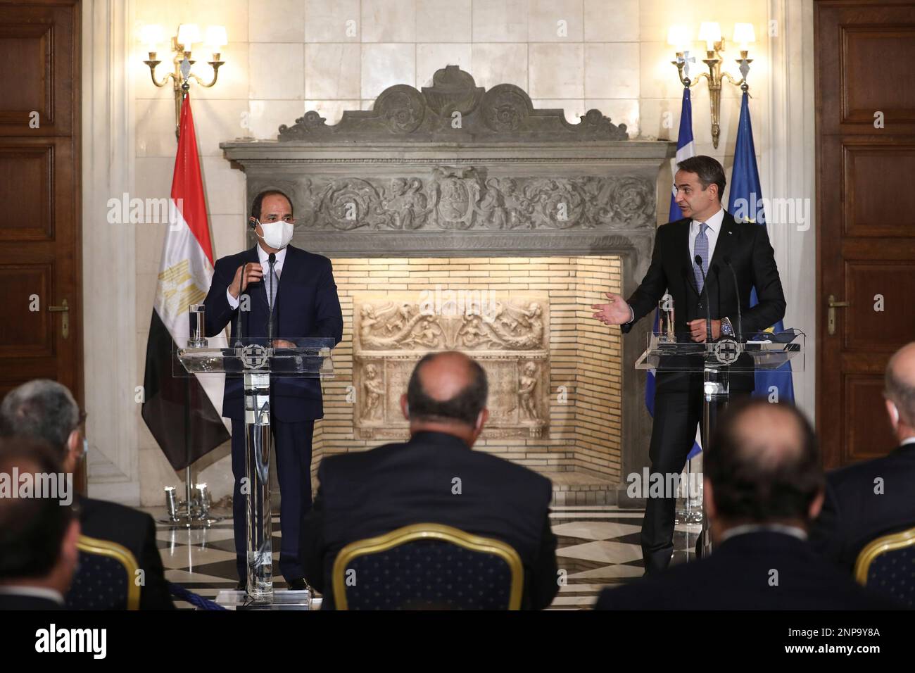 Greek Prime Minister Kyriakos Mitsotakis, right, and Egyptian President ...