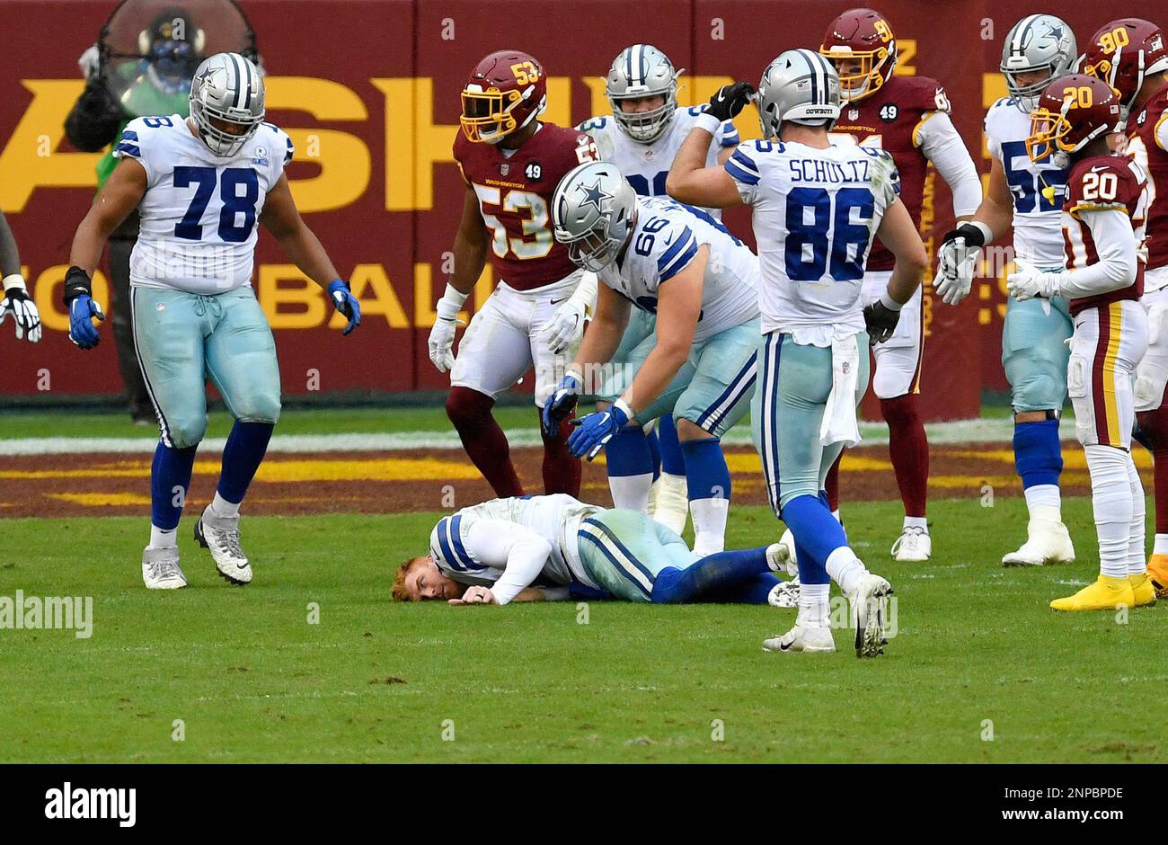 LANDOVER, MD - OCTOBER 25: Cowboys quarterback Andy Dalton (14) lays ...