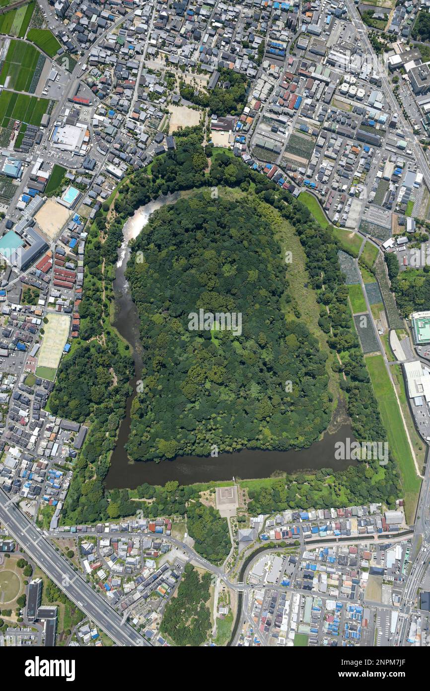 An aerial photo shows Kondagobyoyama Kofun (Nintoku Tenno Ryo) that is ...