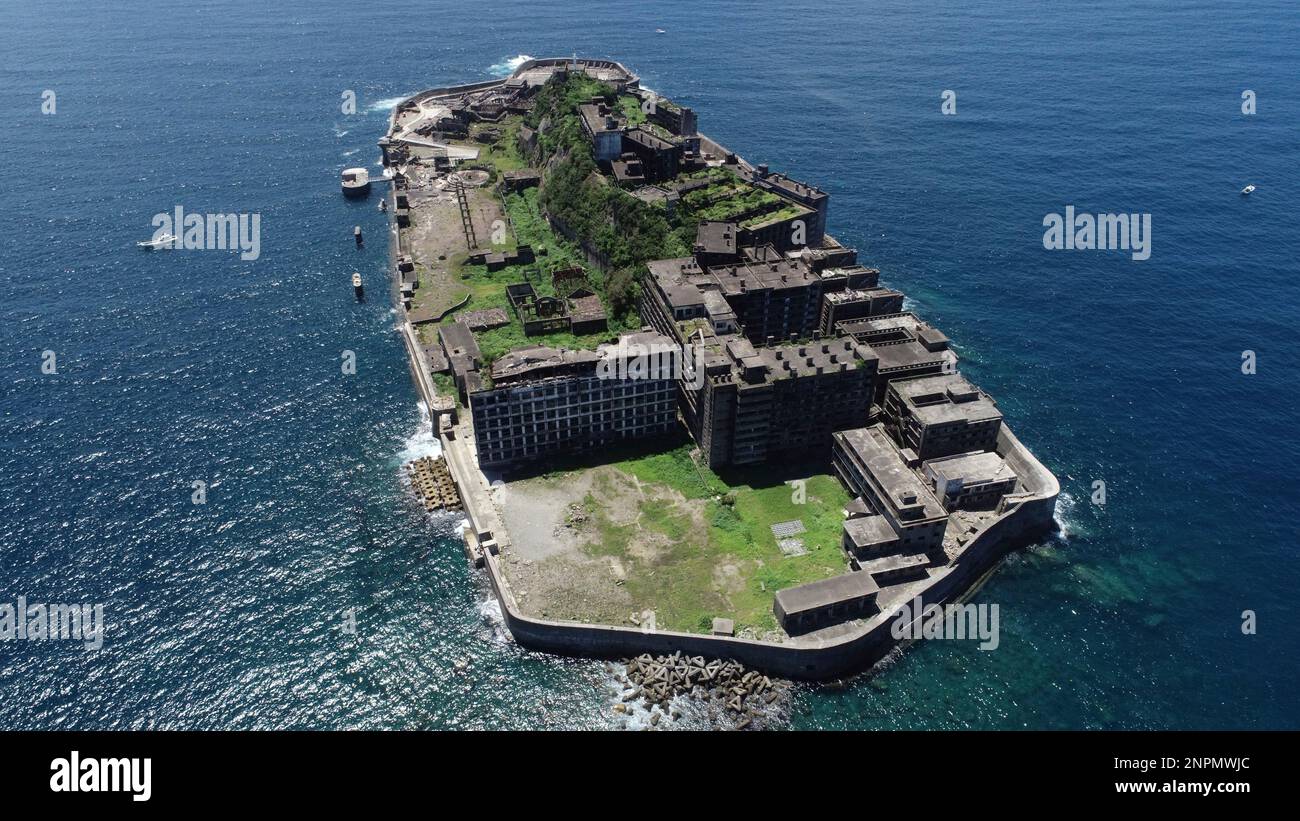 A drone photo shows Hashima Island (Gunkanjima / Battleship Island) in ...