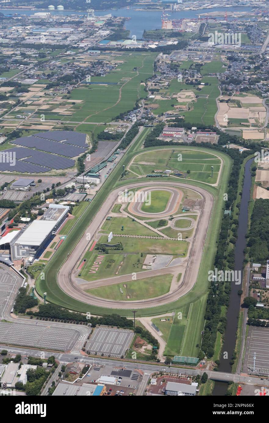An aerial photo shows Niigata Racecourse where races are held on ...