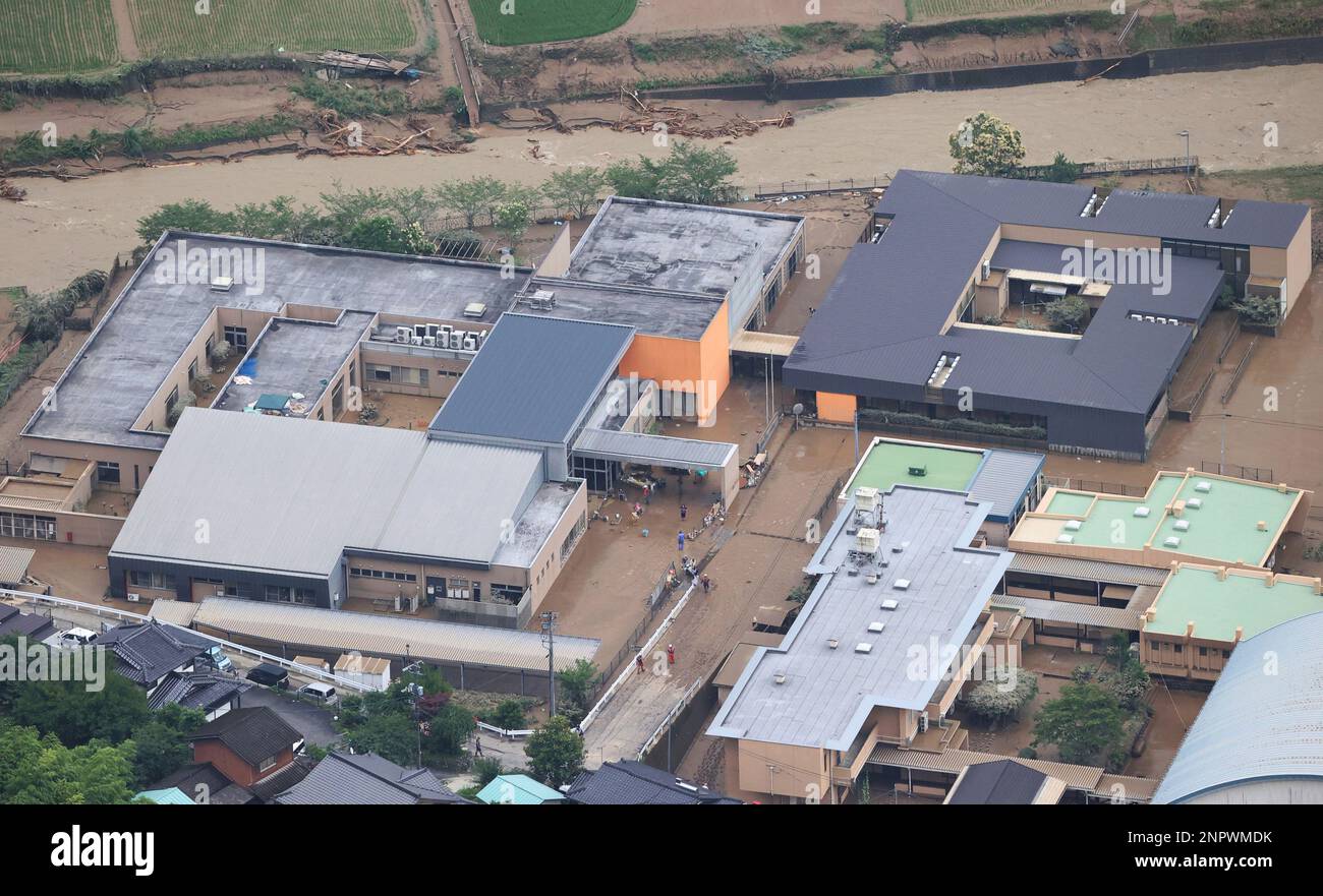 An aerial photo shows flood-damaged special elderly nursing home "Senjuen" due to heavy rain at ...