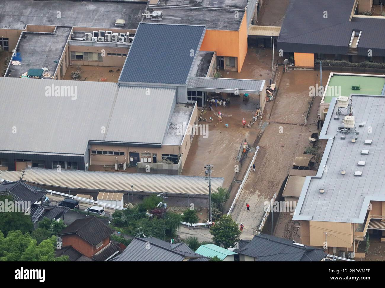 An aerial photo shows flood-damaged special elderly nursing home "Senjuen" due to heavy rain at ...