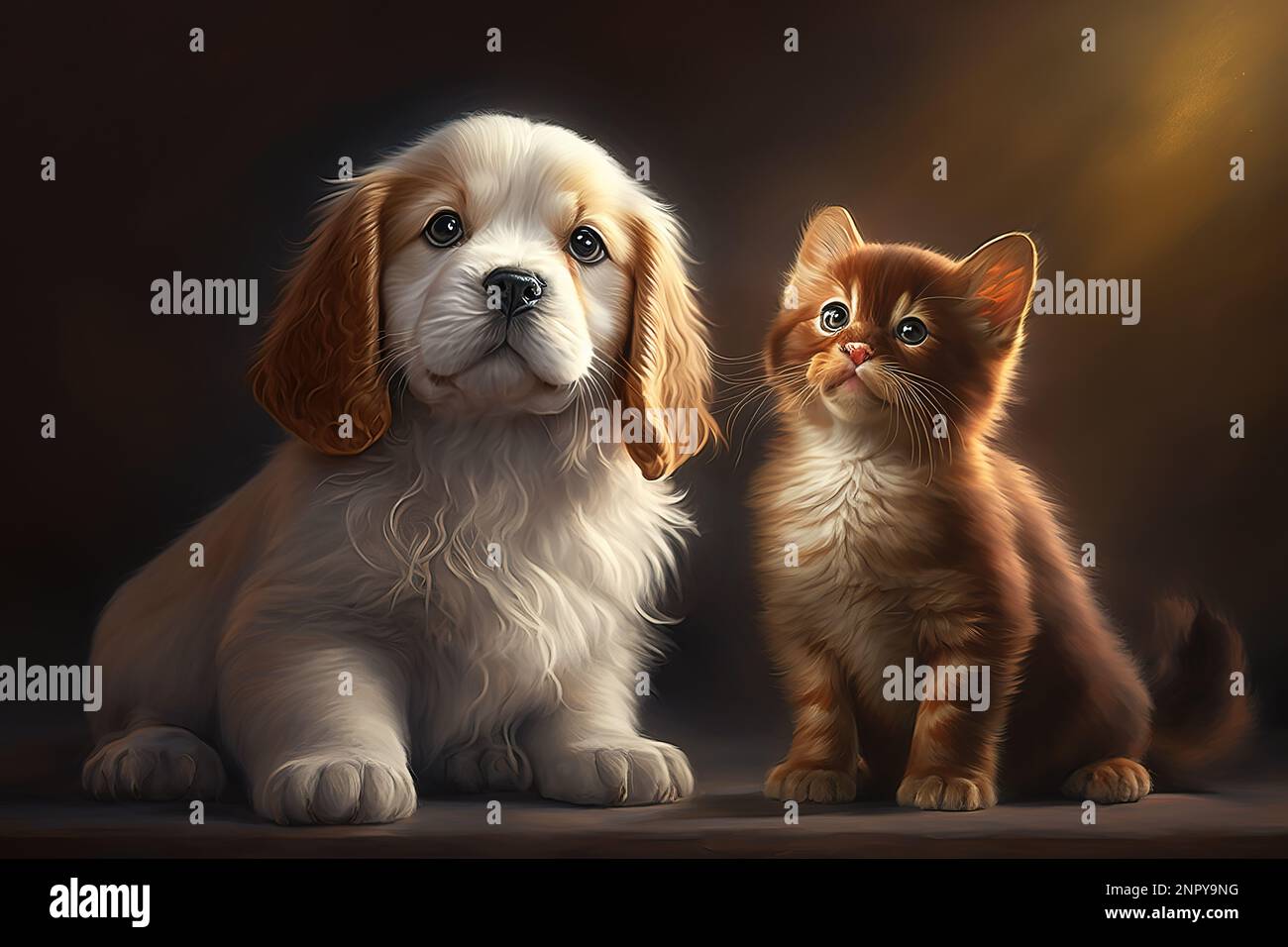 Katze Und Hund Sitzen Zusammen. Süßes Hündchen Und Kätzchen. AI-generierte Illustration ...