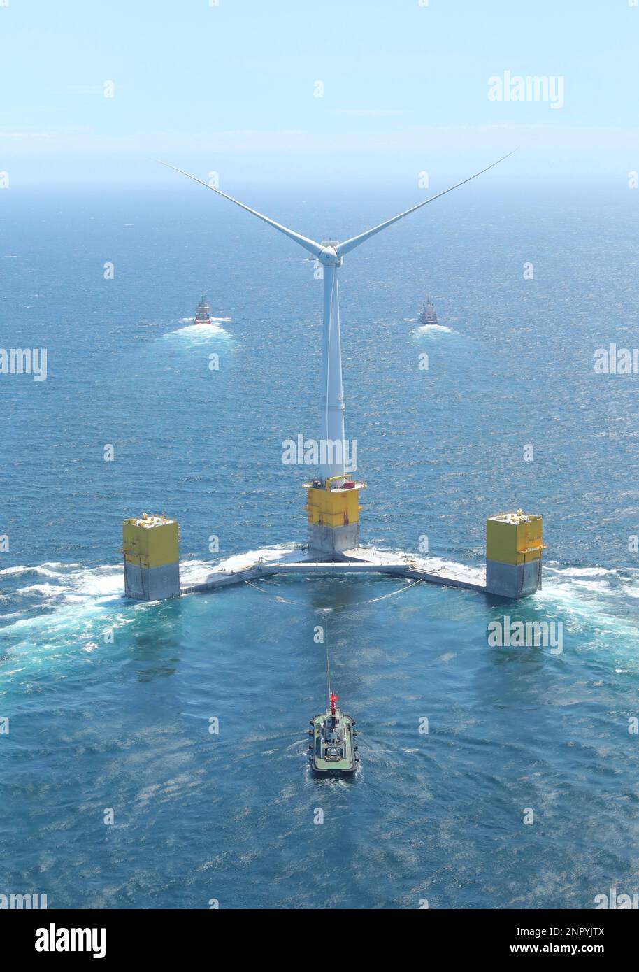 An aerial photo shows the defective 7MW floating wind turbine Fukushima ...