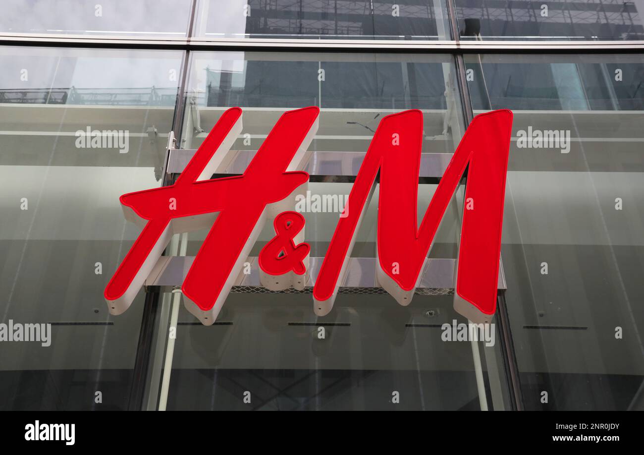 The logo of H&M is seen in Shinjuku Ward, Tokyo on May 5, 2020. H & M ...