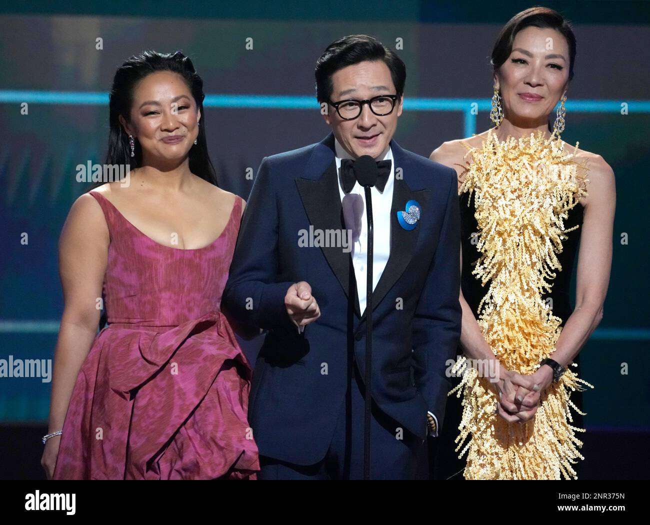 Stephanie Hsu, from left, Ke Huy Quan, and Michelle Yeo, members of the cast of "Everything ...