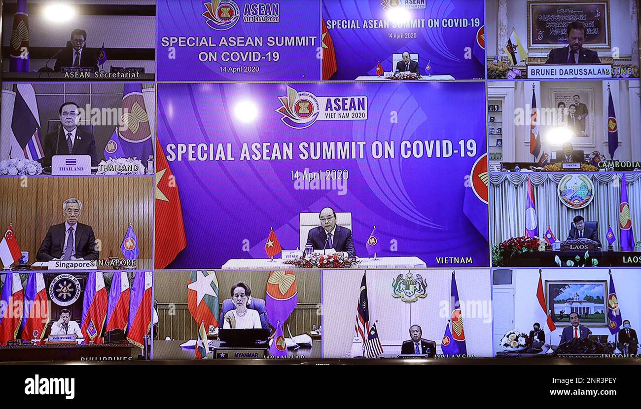 This image taken in Hanoi, Vietnam, shows a monitor screen of ASEAN ...