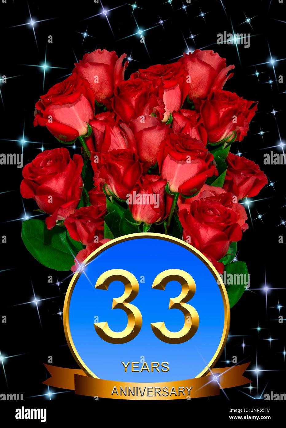 3D Illustration, 33 Jahre. goldene Zahlen auf festlichem Hintergrund. Poster oder Karte für ...