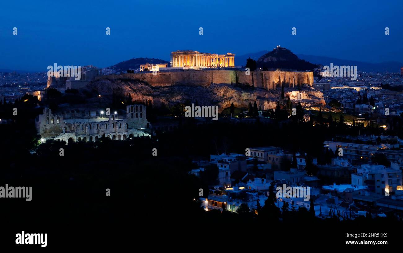 A photo shows the former temple Parthenon of the ancient Greek ...