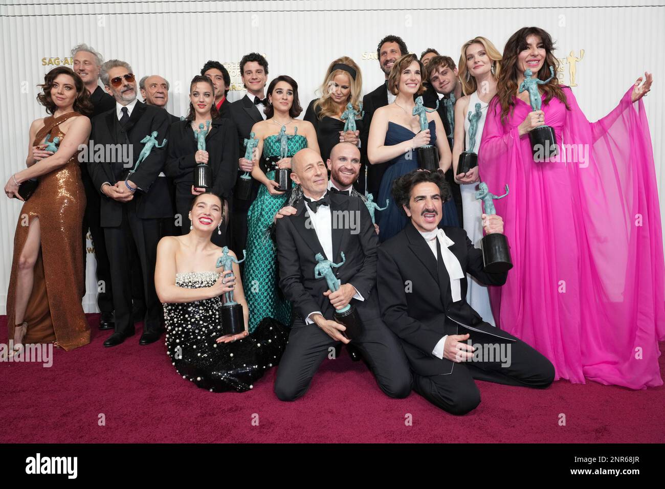 Aubrey Plaza, from back left, Bruno Gouery, Michael Imperioli, F ...
