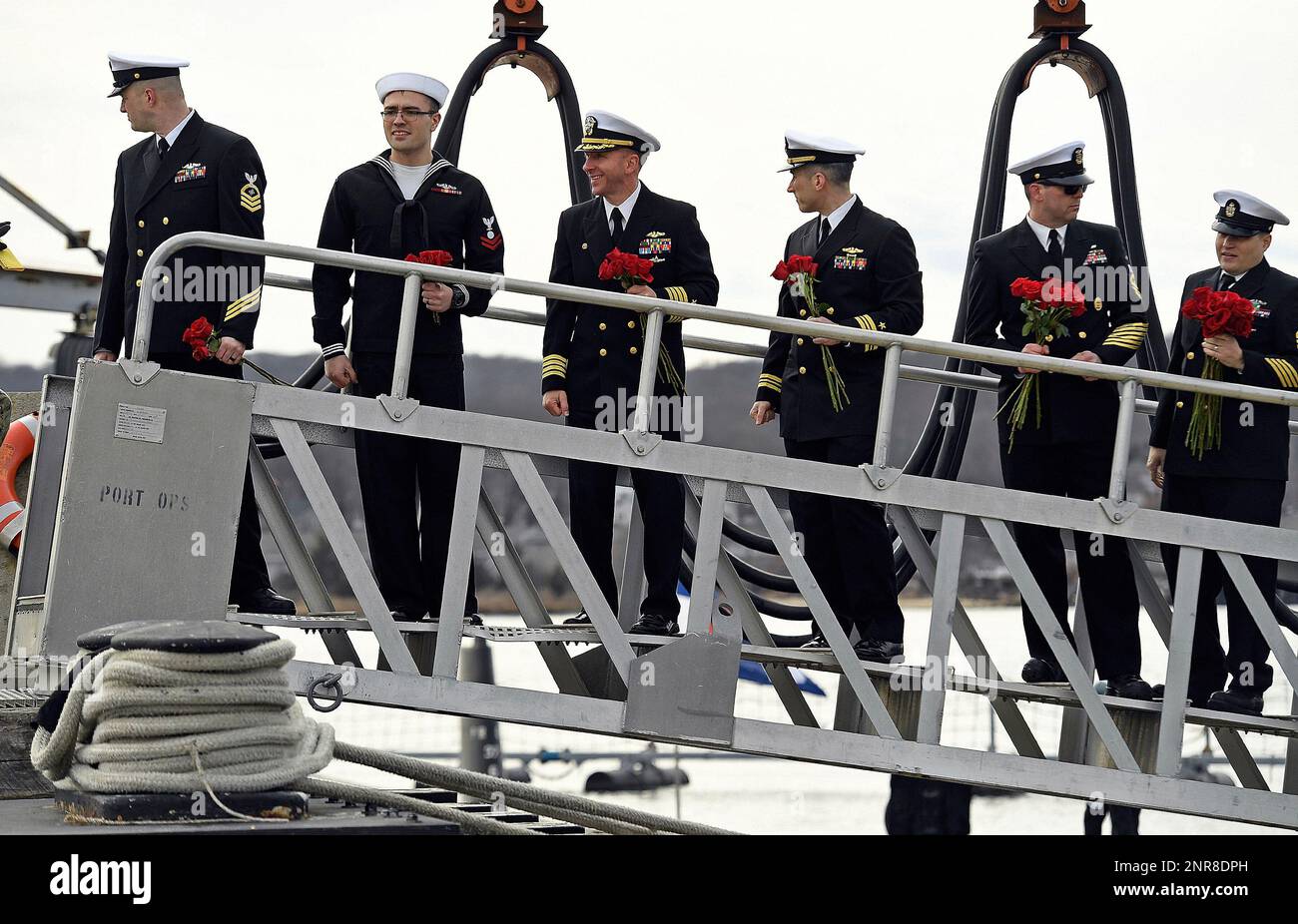 Members of the crew of the U.S. Navy Virginia-class attack submarine ...